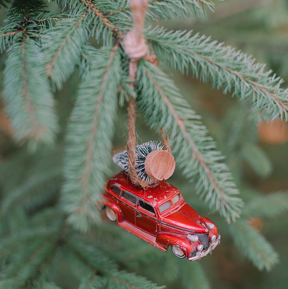 DIY Ornament with Matchbox Car and Bottle Brush Tree